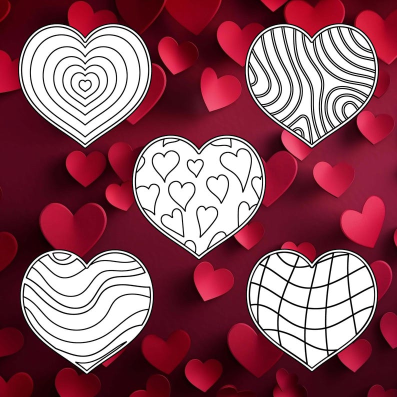 15 Heart Pattern Coloring Pages, Relaxing Coloring Activity, Digital ...
