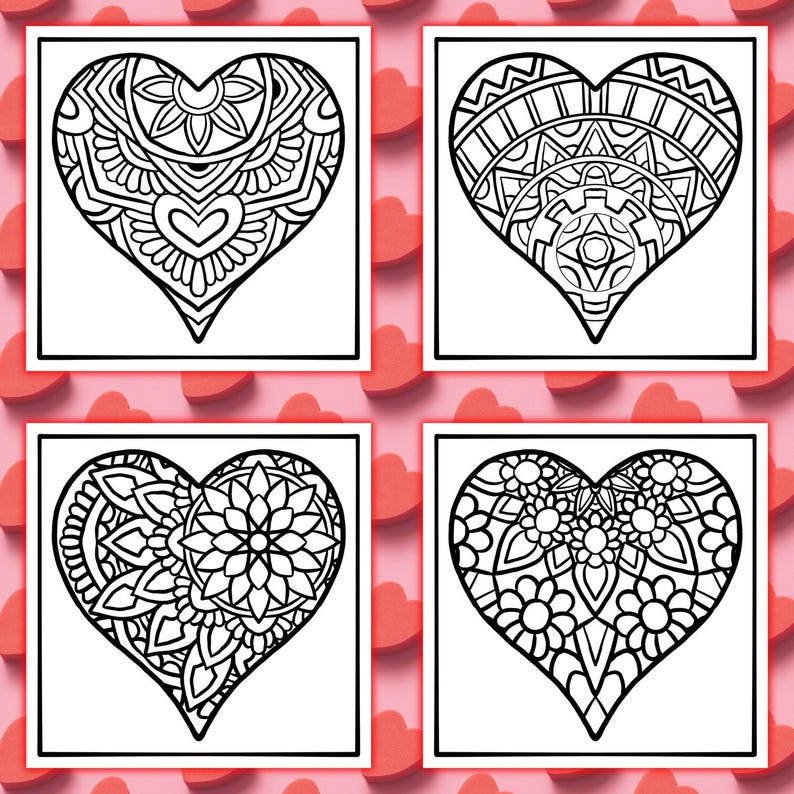 50 Valentine Heart Mandala Coloring Pages, Printable Adult and Kid ...