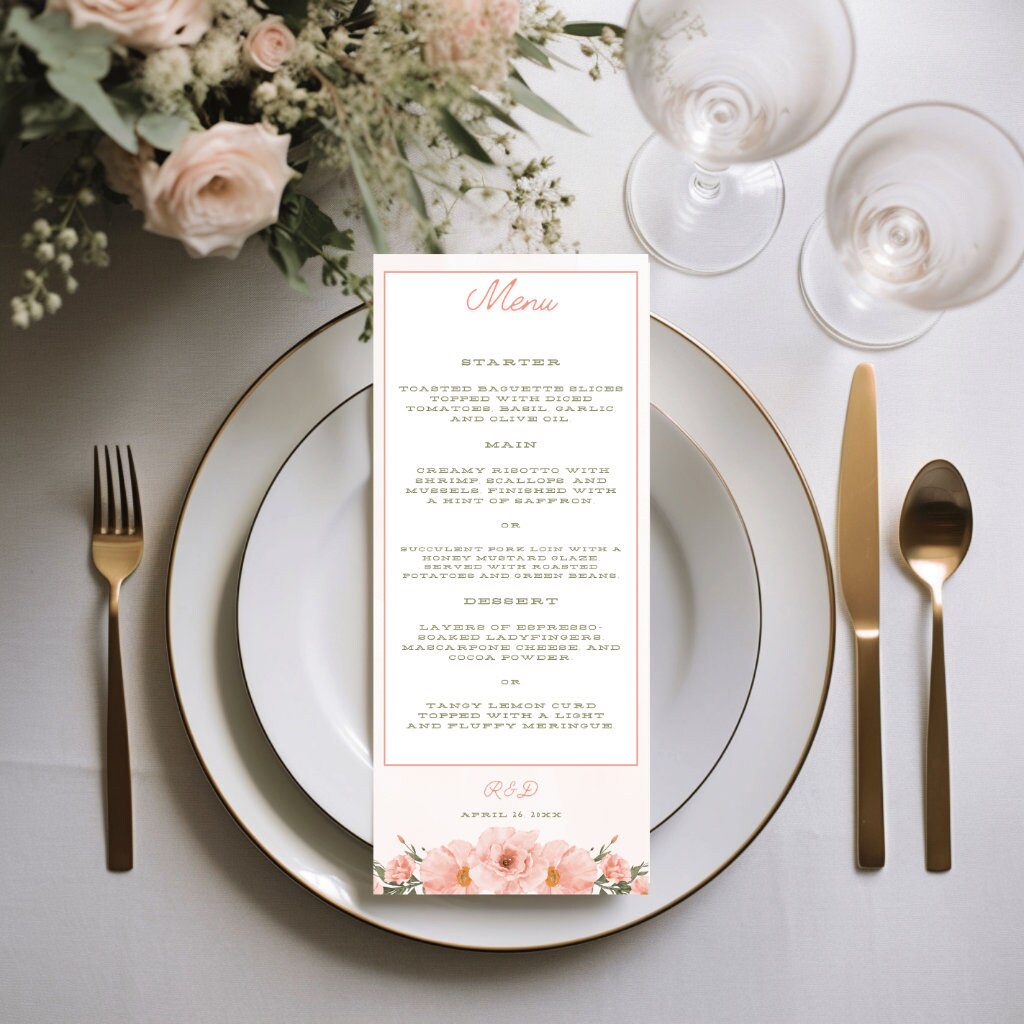 Light Pink Rose and Greenery Wedding Menu and Drinks Front & Back ...