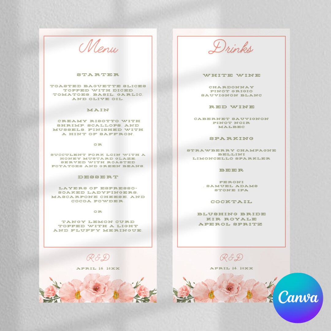 Light Pink Rose and Greenery Wedding Menu and Drinks Front & Back ...