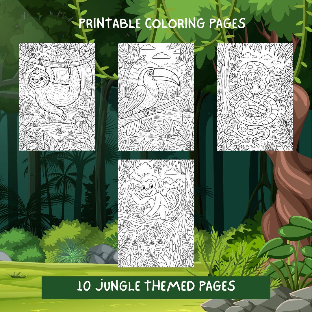 Jungle Themed Coloring Pages for Kids Printable Safari & Rainforest ...