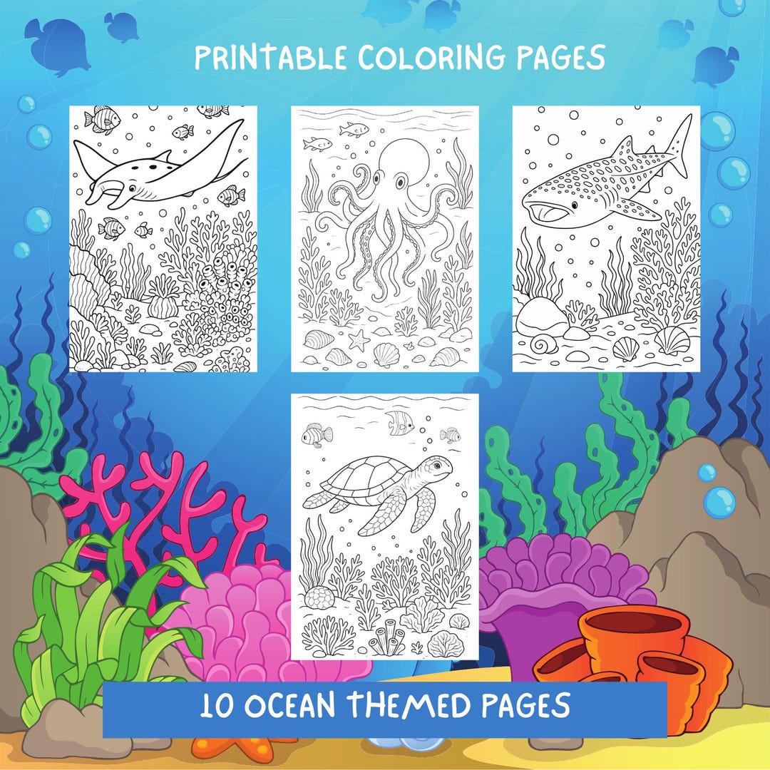 Ocean Themed Printable Coloring Pages for Kids Adults Underwater Sea ...