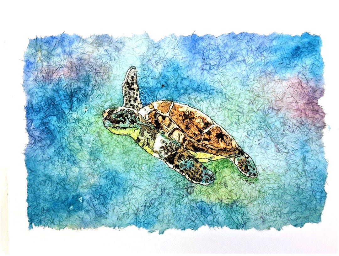 Sea Turtle Batik Watercolor Painting: Floated on Foam Core - Etsy