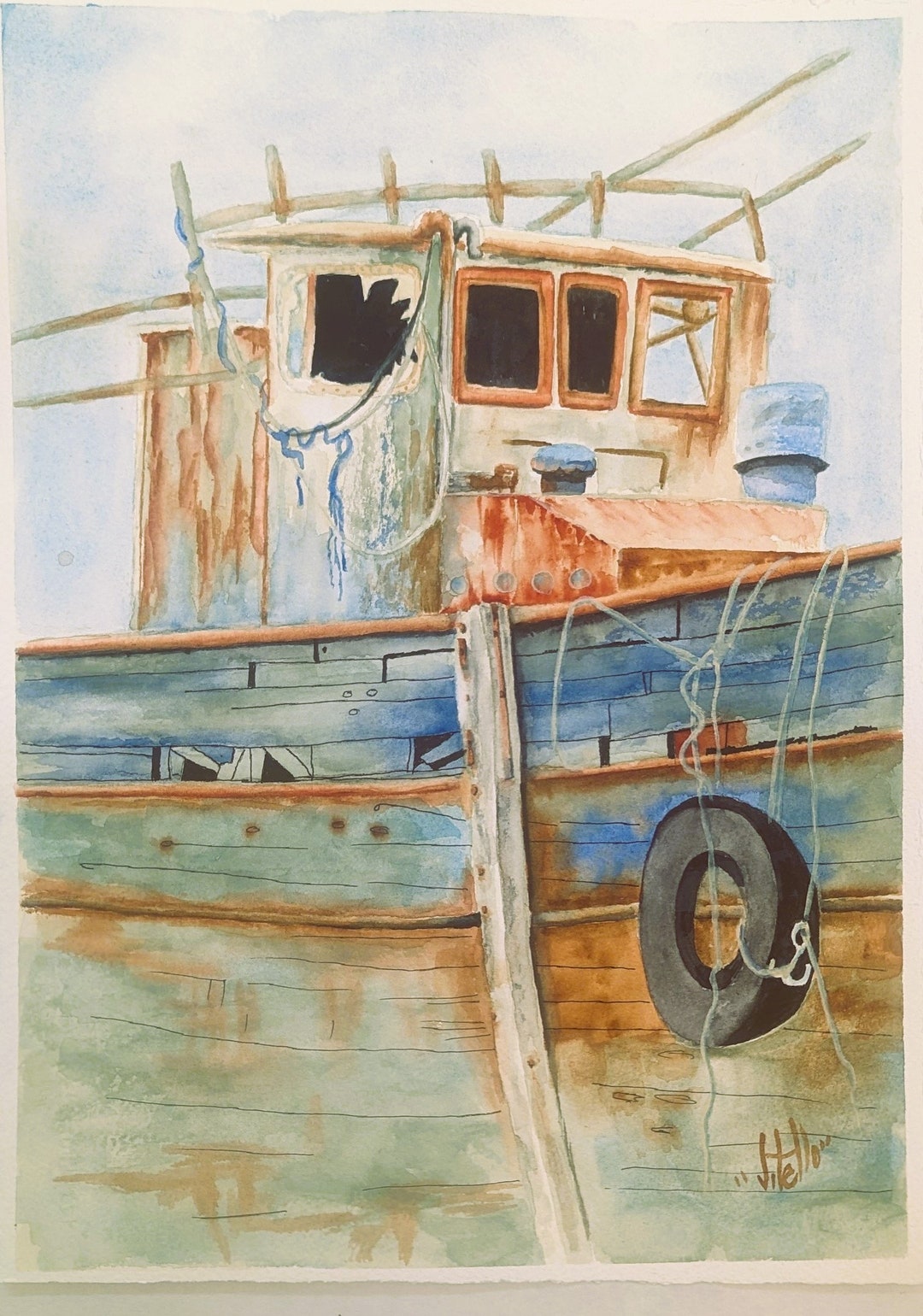 Watercolor Rusty Tug Boat Painting - Etsy