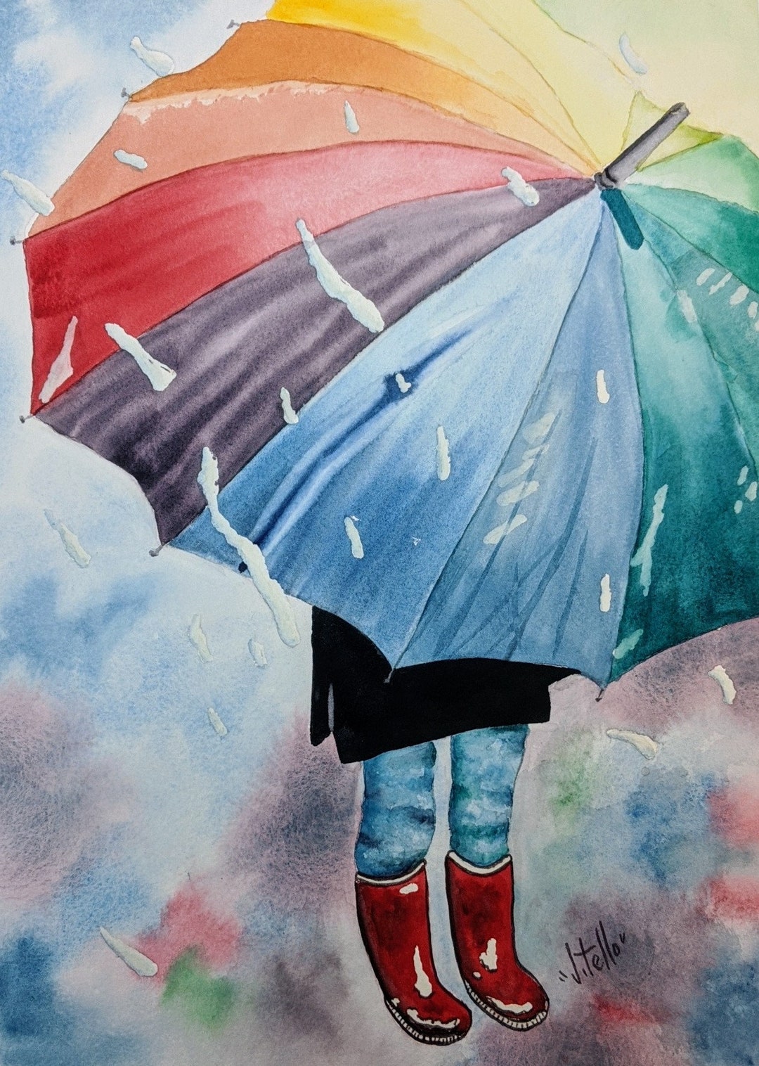 Rainy Day Umbrella Watercolor Painting Free Shipping - Etsy