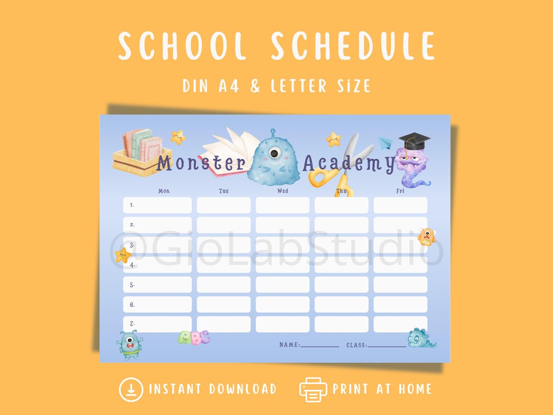Printable Monster Academy School Schedule for Kids, Weekly School ...