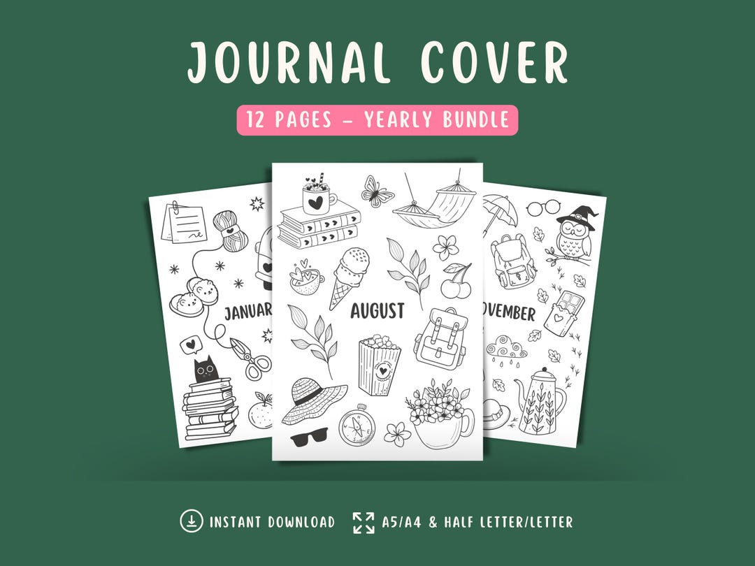 Journal Cover Bundle | Monthly Coloring Page | Self Care Planner Insert ...