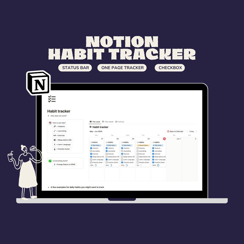 Easy Notion Habit Tracker, 2024 Notion Template, Aesthetic Notion Page, Monthly/weekly/daily ...