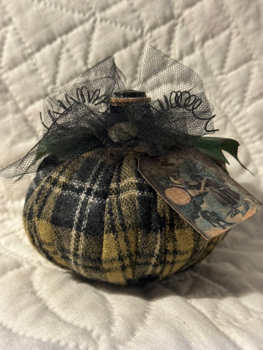 Wool Plaid Pumpkin - Wooden Spool Stem - Witch Tag - Halloween Pumpkin ...