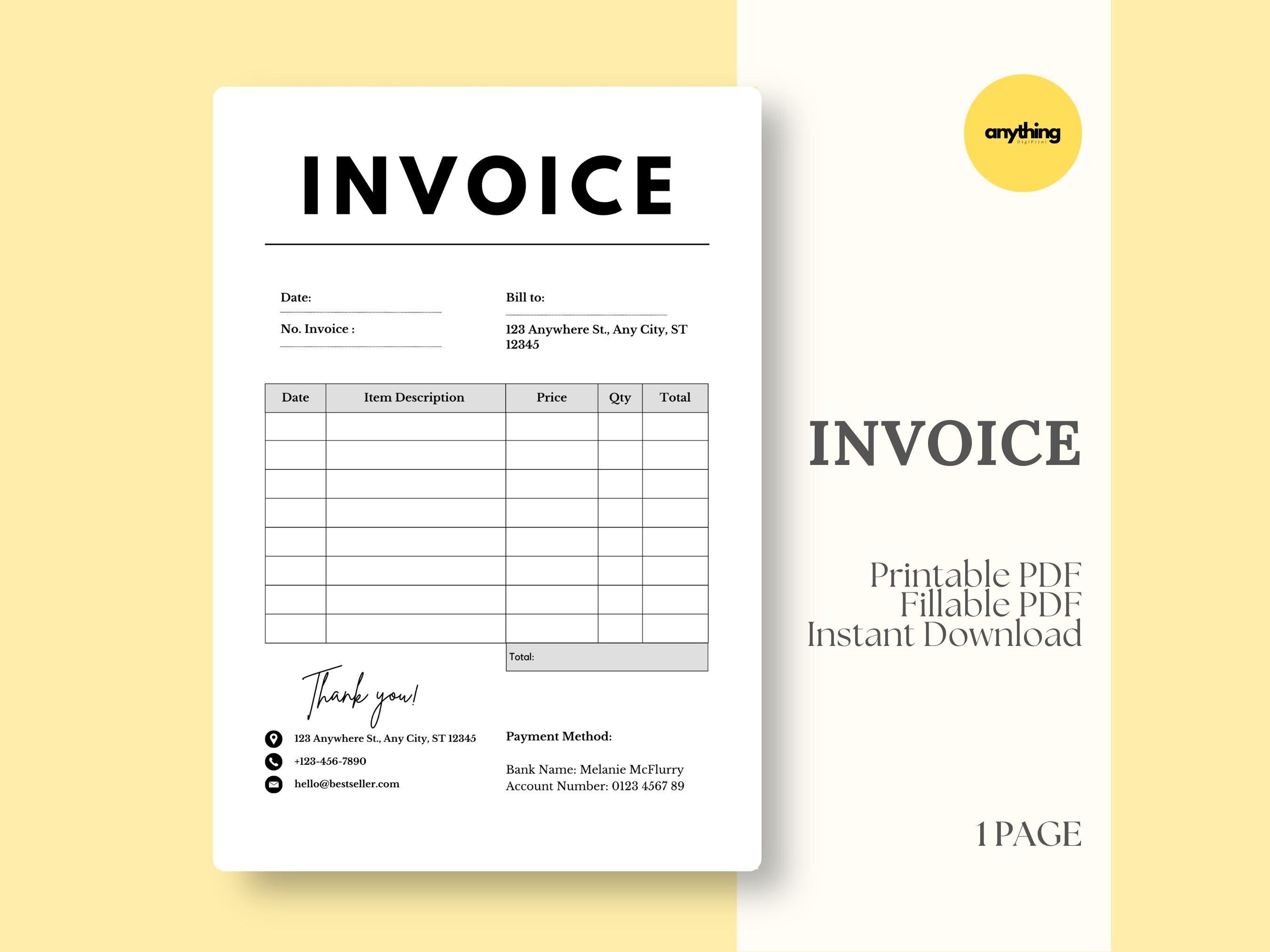 Simple Printable Invoice Fillable Invoice Form PDF Invoice Template ...