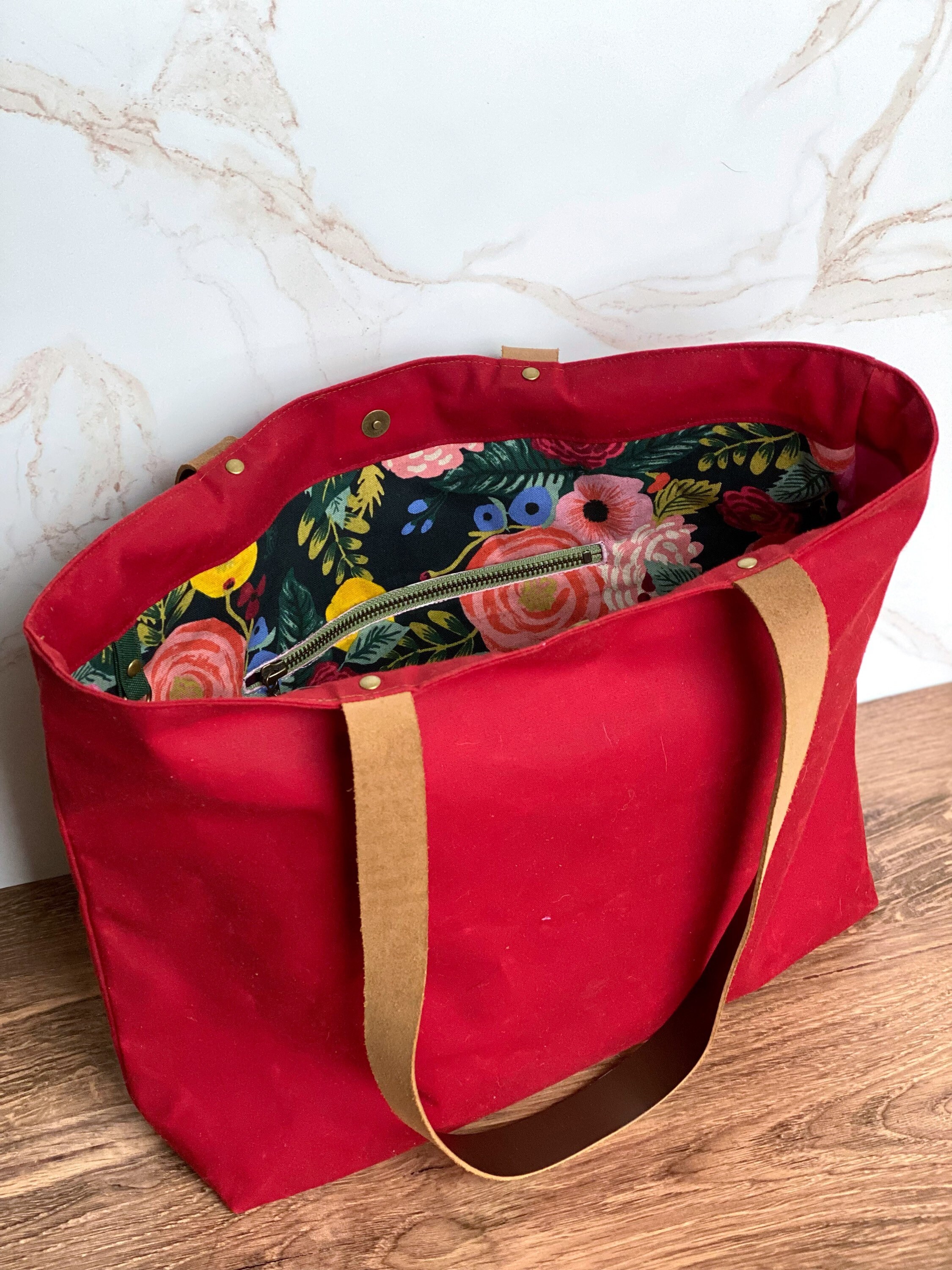 Red Waxed Canvas Tote Bag With Brown Leather Handles, Colorful Rifle ...