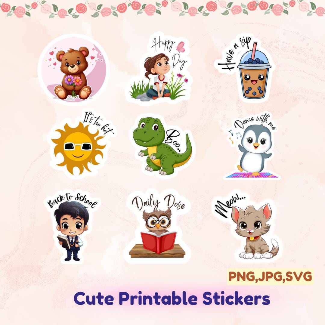 Cute Printable Stickers Png, Jpg & Svg , Set of Cute Stickers, Print ...