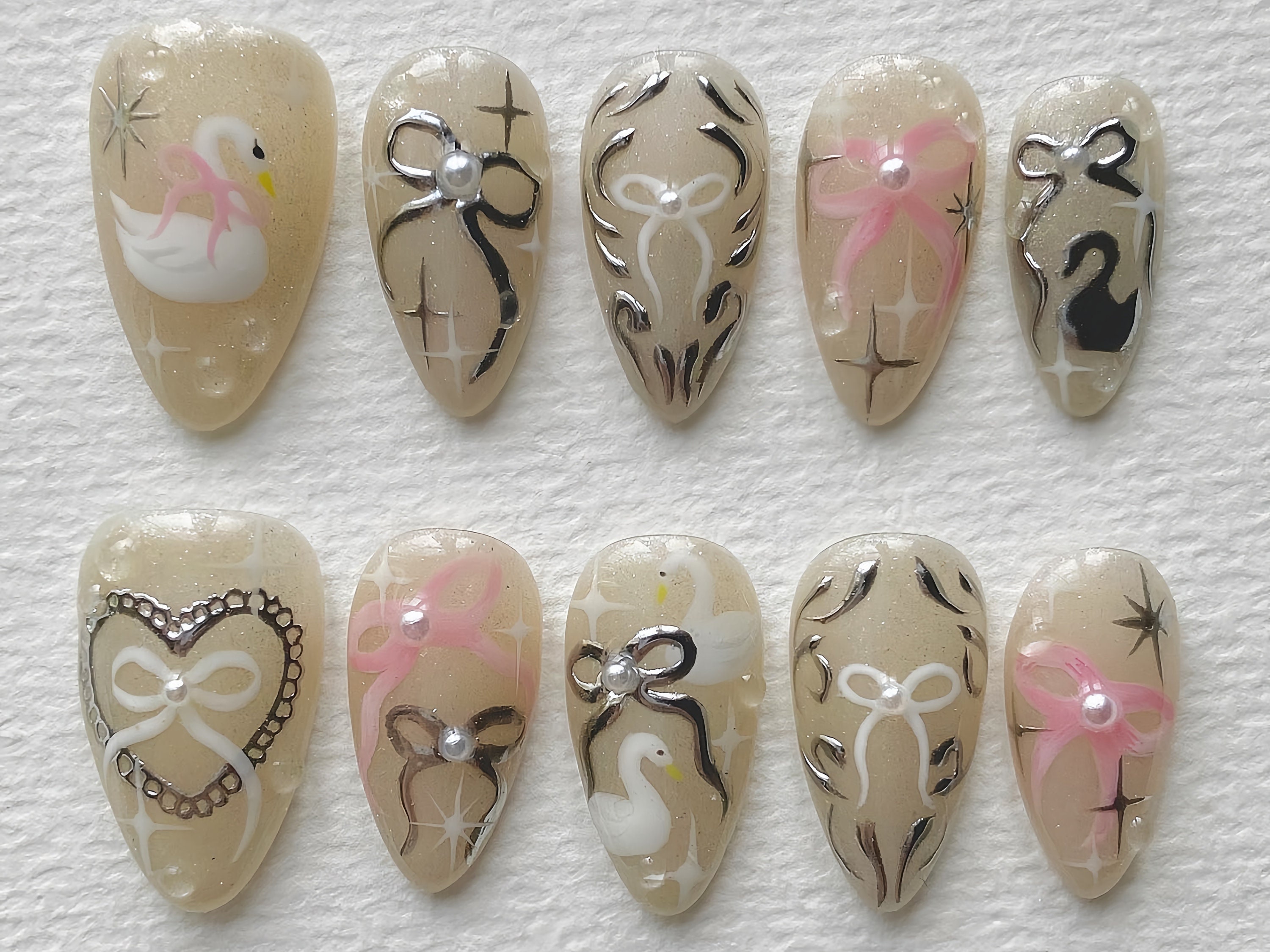 Swan Nails ,bpw Nails Hand Painted Nail,custom Press on Nails,3d Nails ...
