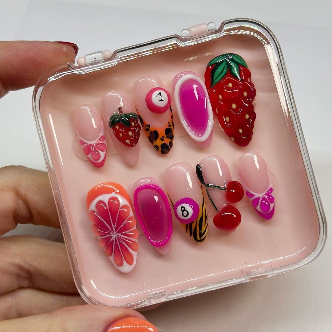 Fruit Nails,strawberry Hand Painted Nail,custom Press on Nails,3d Nails ...