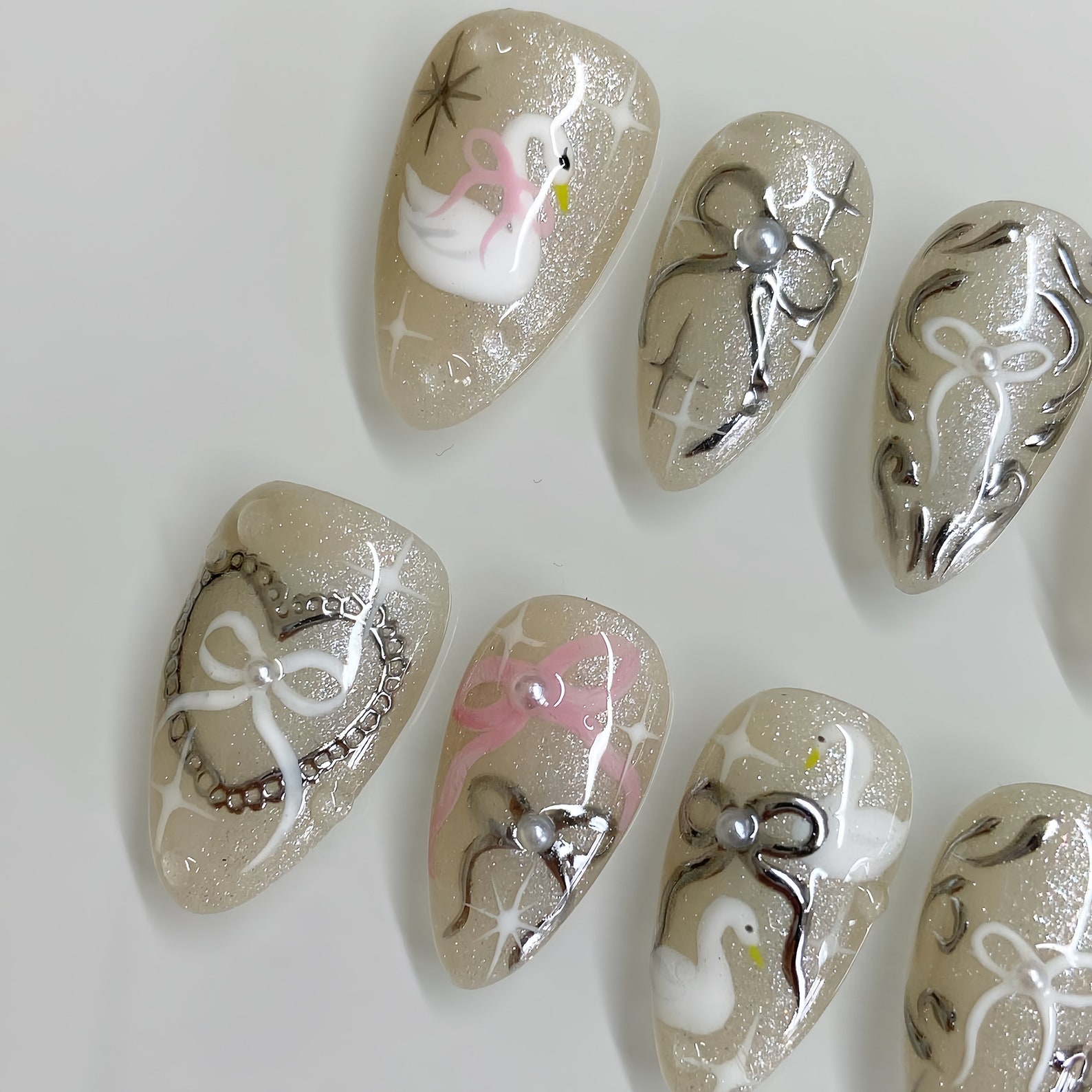 Swan Nails ,bpw Nails Hand Painted Nail,custom Press on Nails,3d Nails ...