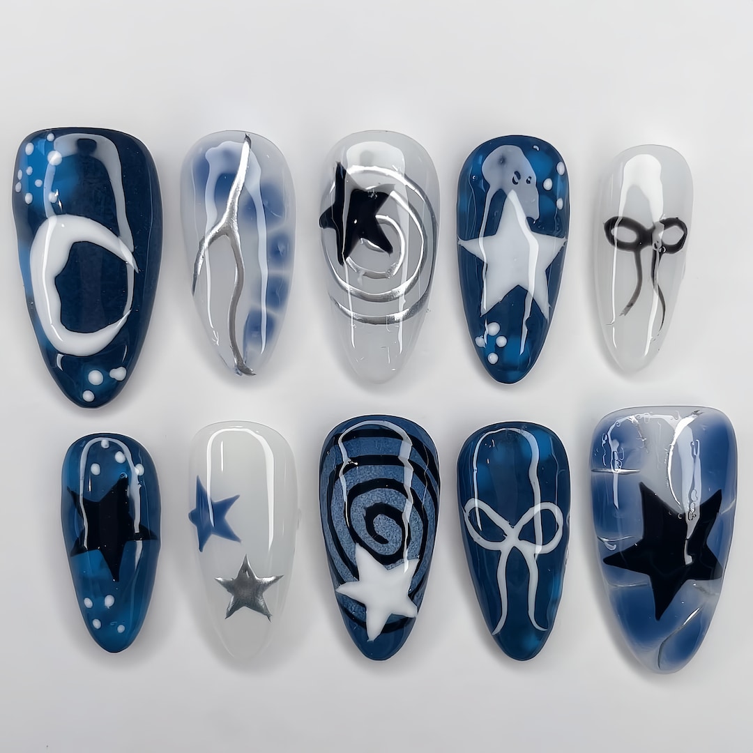 Star Nails,blue Hand Painted Nail,custom Press on Nails,3d Nails,gel ...