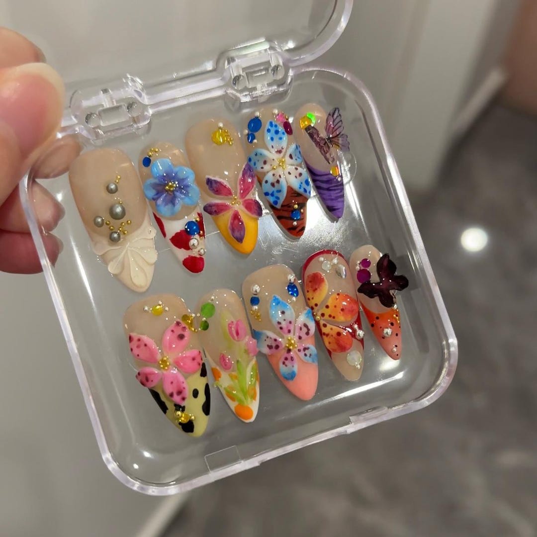 Color Flower Nails,orchard Flower Press on Nail Almond Nails ,custom ...