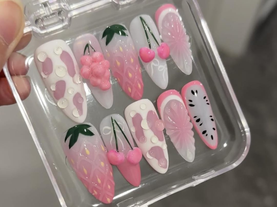 Strawberry Nails,pink Hand Painted Nail,custom Press on Nails,3d Nails ...
