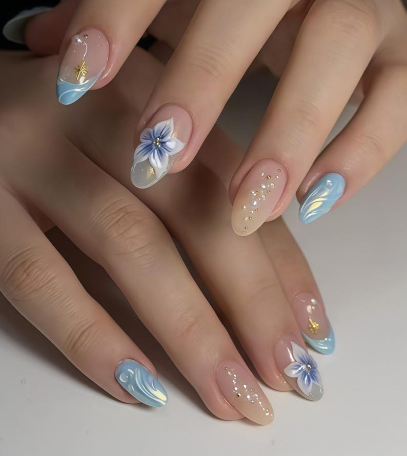 Custom Blue Flower Pearl Star Press on Nail,orchard Flower Almond Nails ...