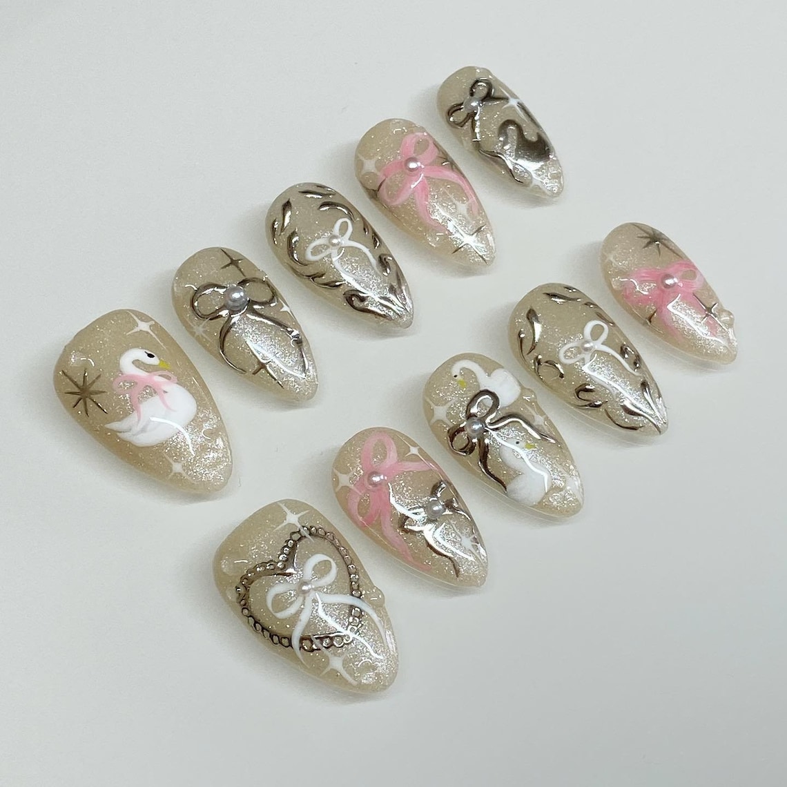 Swan Nails ,bpw Nails Hand Painted Nail,custom Press on Nails,3d Nails ...