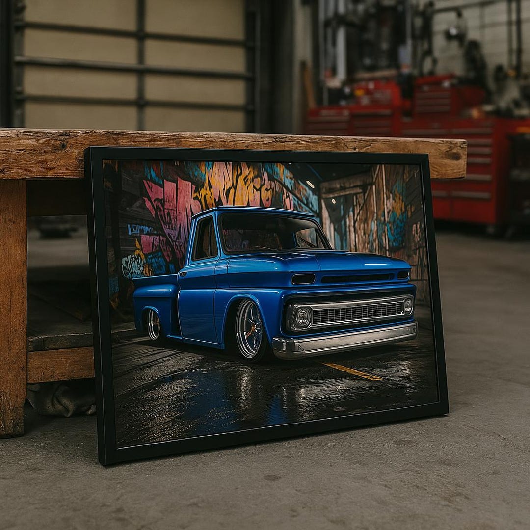 Blue Chrome Beast — 1960s Slammed Chevy C10 Truck Poster for Man Cave ...