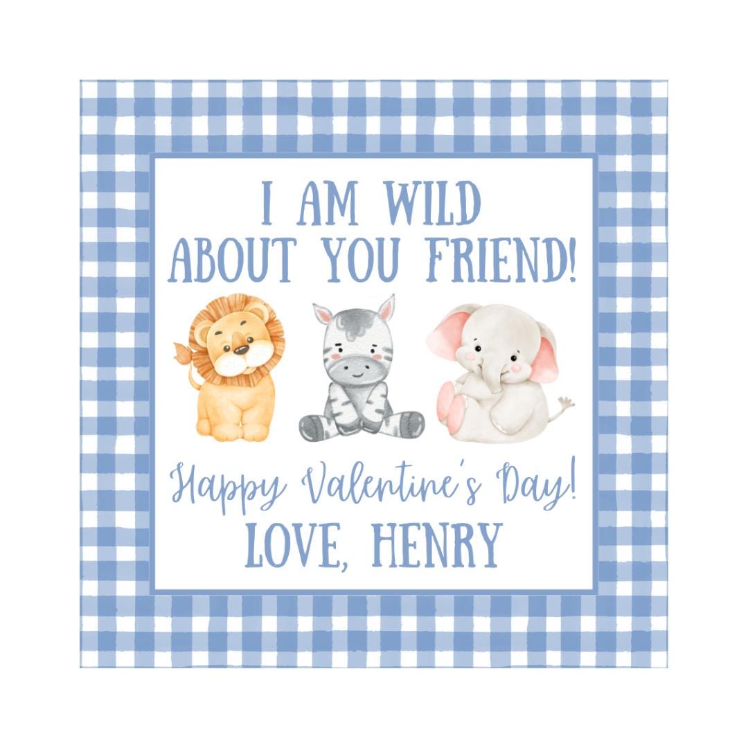 Valentine Gift Tag Safari Animals Wild Blue/toddler/kindergarten ...
