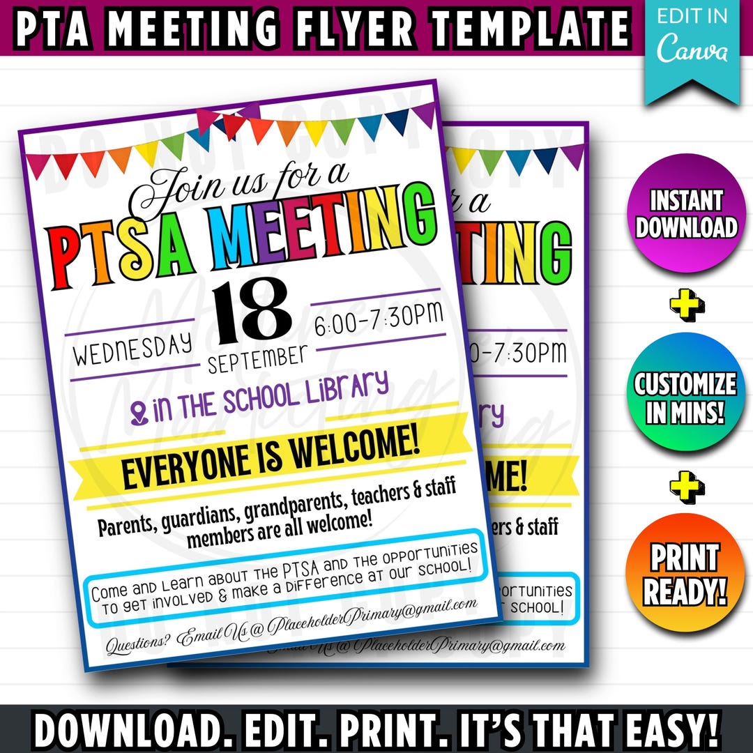 PTA Meeting Flyer Template: Rainbow Theme Editable Canva Design ...
