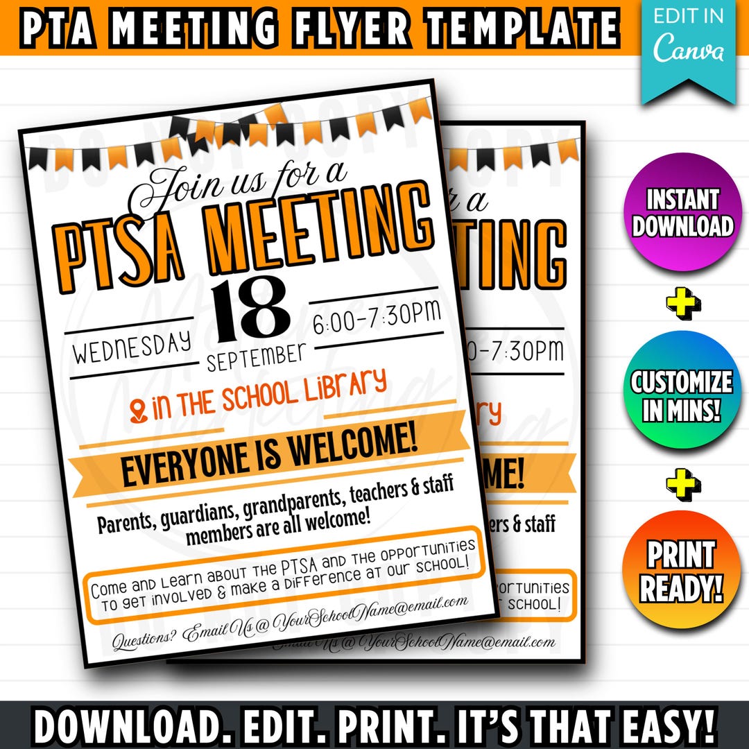 PTA Meeting Flyer Template: Black & Orange Theme Editable Canva Design ...