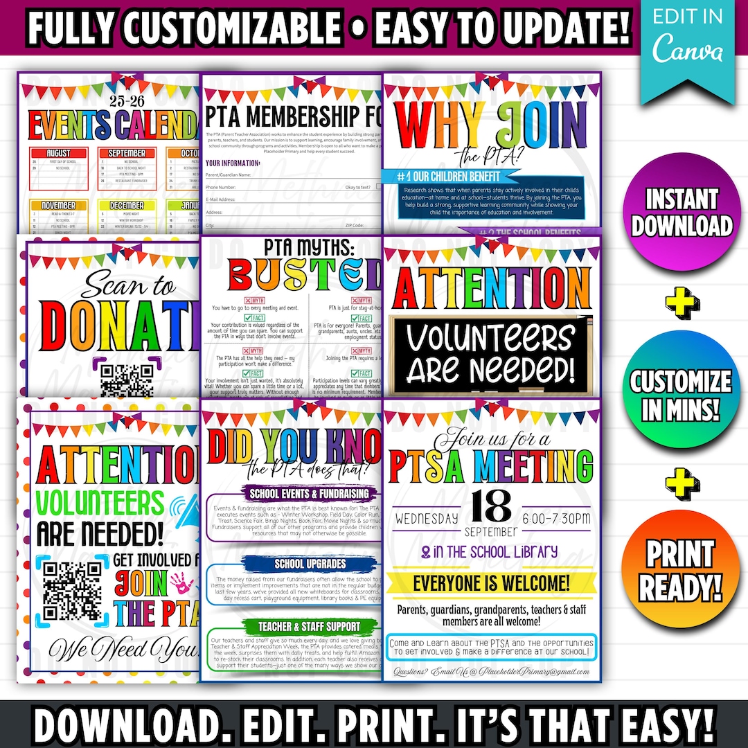 PTA PTO PTSA Flyer Bundle: Rainbow Theme Recruitment Kit | Editable ...