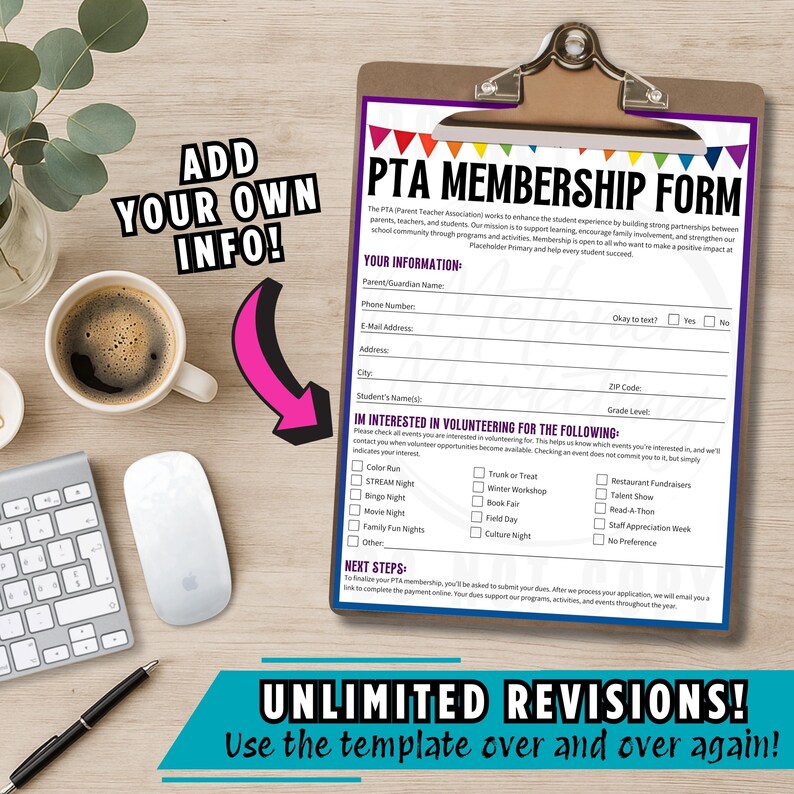 Editable PTA Membership Form Template: Volunteer Sign-up (canva Digital ...
