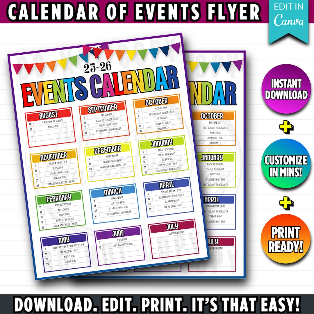 Editable PTA PTSA PTO Annual Calendar of Events Canva Template: Rainbow ...