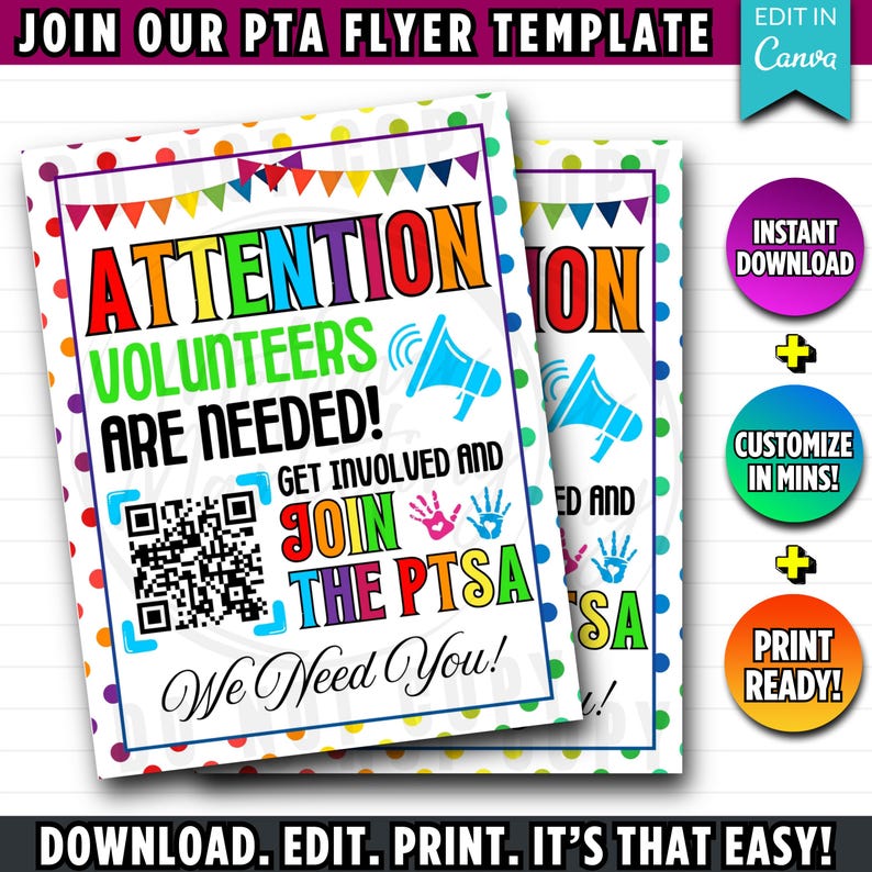 PTA PTO Recruitment Flyer Template W/qr Code: Rainbow Theme | School ...