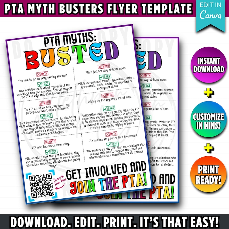 PTA Myth Busters Flyer Template: Rainbow Theme Editable Canva Design ...