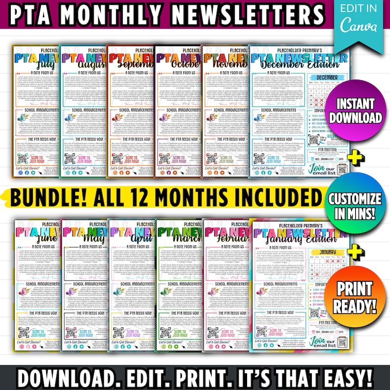 Editable PTA Newsletter Templates: 12-month Themed Canva Bundle ...