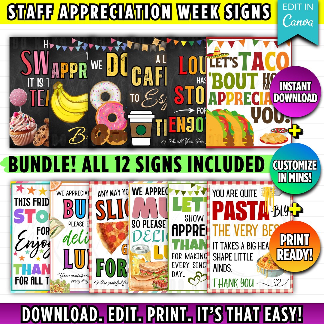 Teacher & Staff Appreciation Week Sign Bundle | 8x10 Printable ...