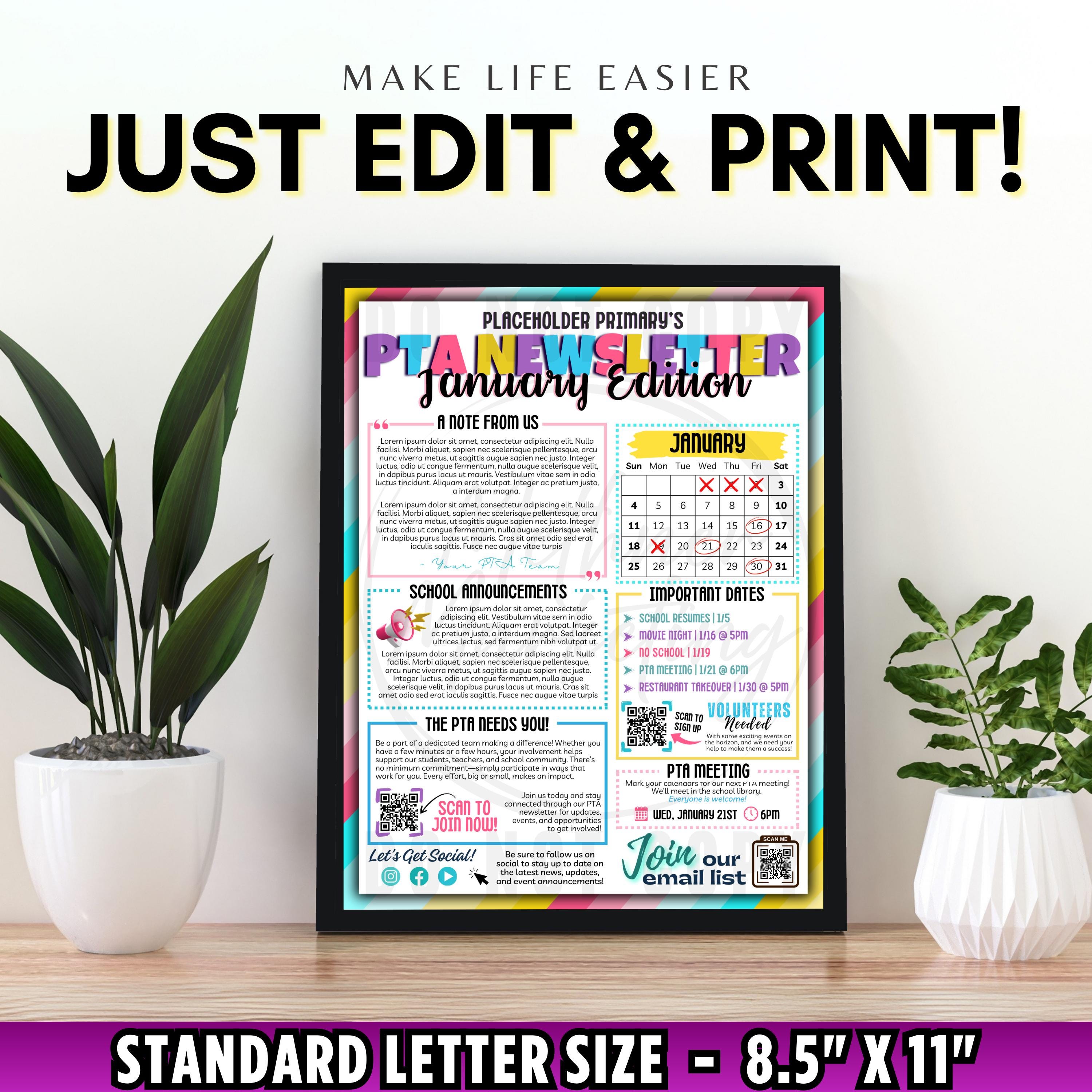 Editable PTA Newsletter Templates: 12-month Themed Canva Bundle ...