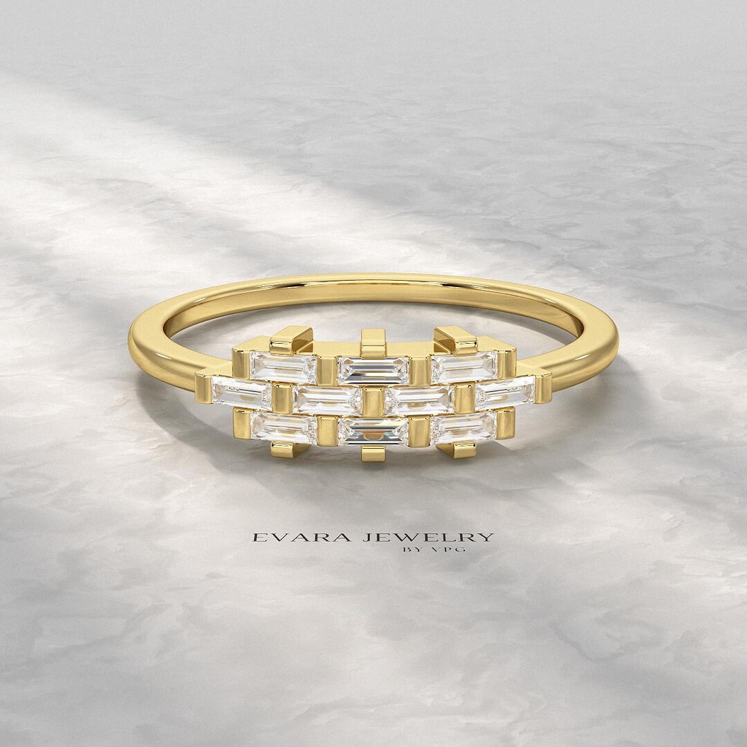 Checkerboard Diamond Ring – 14K Solid Gold, Baguette Cut Lab Grown ...