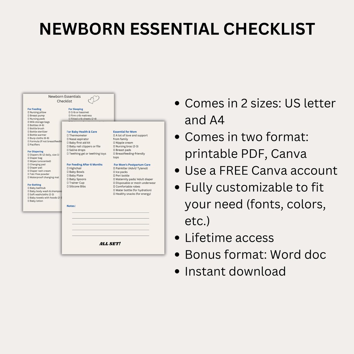Complete Newborn Essentials Checklist Editable, Baby Checklist ...
