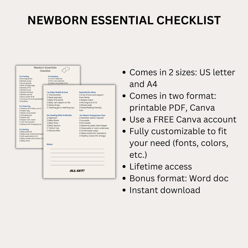 Newborn Essentials Checklist, Editable Baby Preparation Guide (digital ...