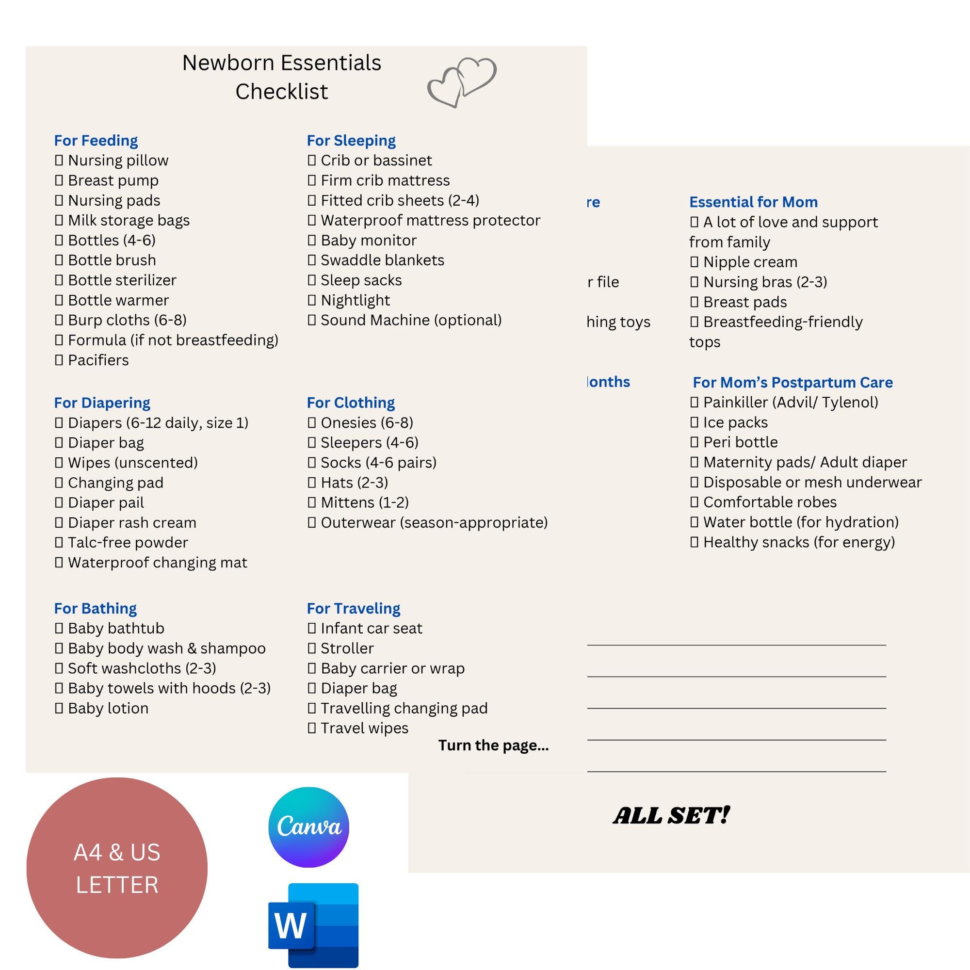Newborn Essentials Checklist, Editable Baby Preparation Guide (digital ...