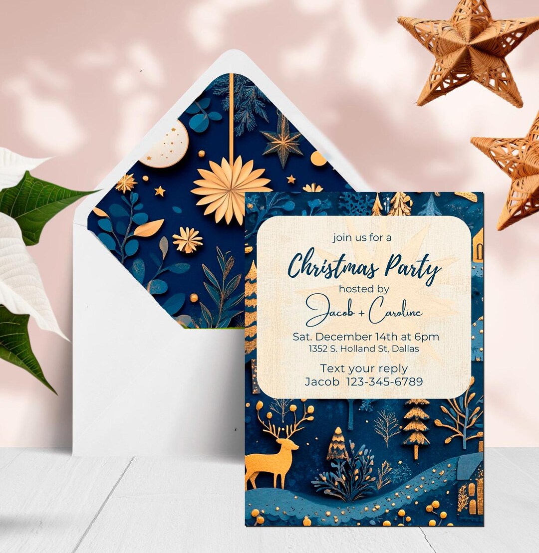 Editable Christmas Party Invite Plus Envelope Liner, Elegant Blue and ...