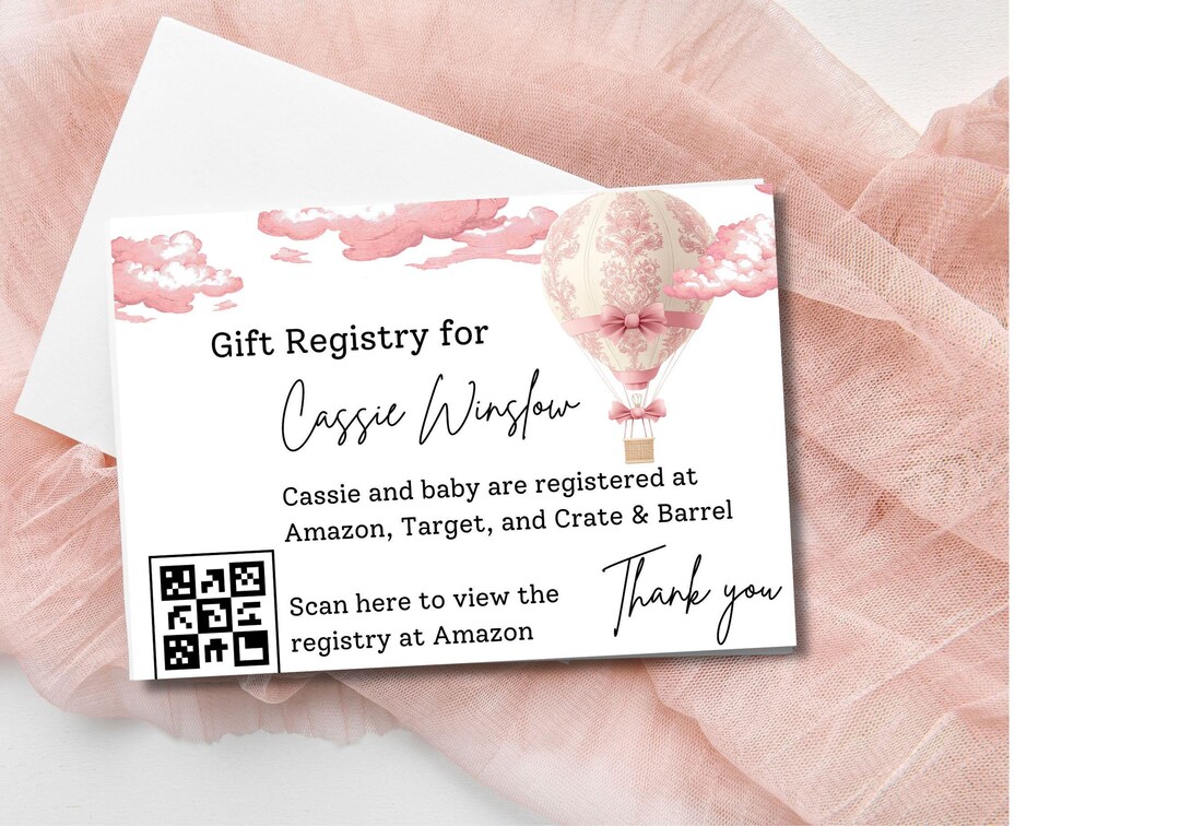 Editable Pink Toile Hot Air Balloon Baby Shower Registry Card Canva ...