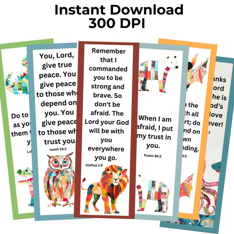 Printable Bible Verse Bookmarks Scripture Set Instant Download Lion Bat ...