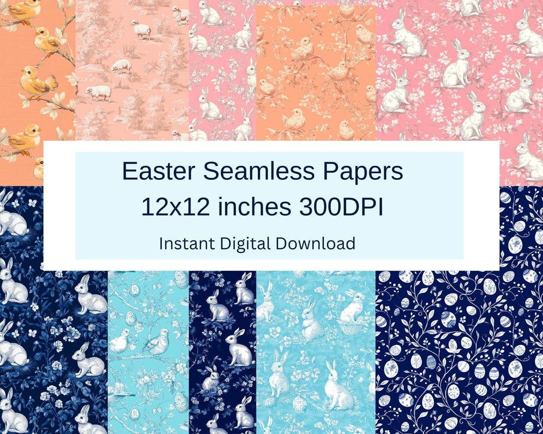 10 Toile Easter Seamless Digital Papers, Rabbits Chicks Sheep Eggs ...