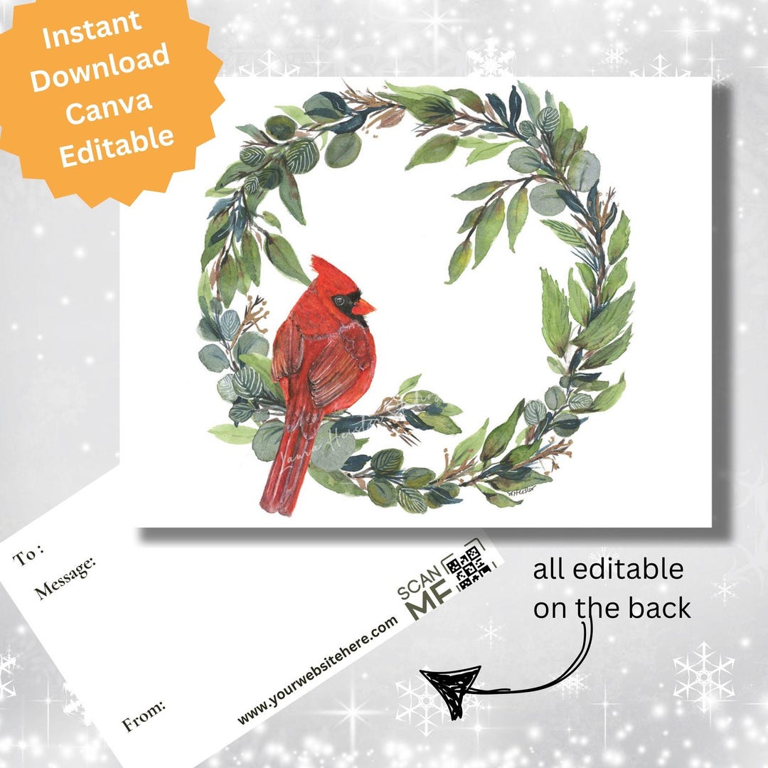 Cardinal Wreath Note Cards Canva Template Instant Download Single ...