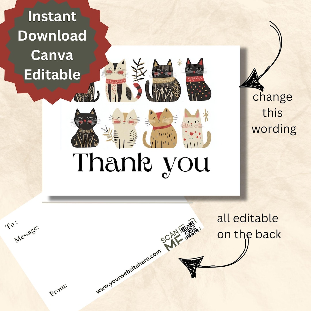 Cats Thank You Note Cards Template Instant Download Single Double Sided ...