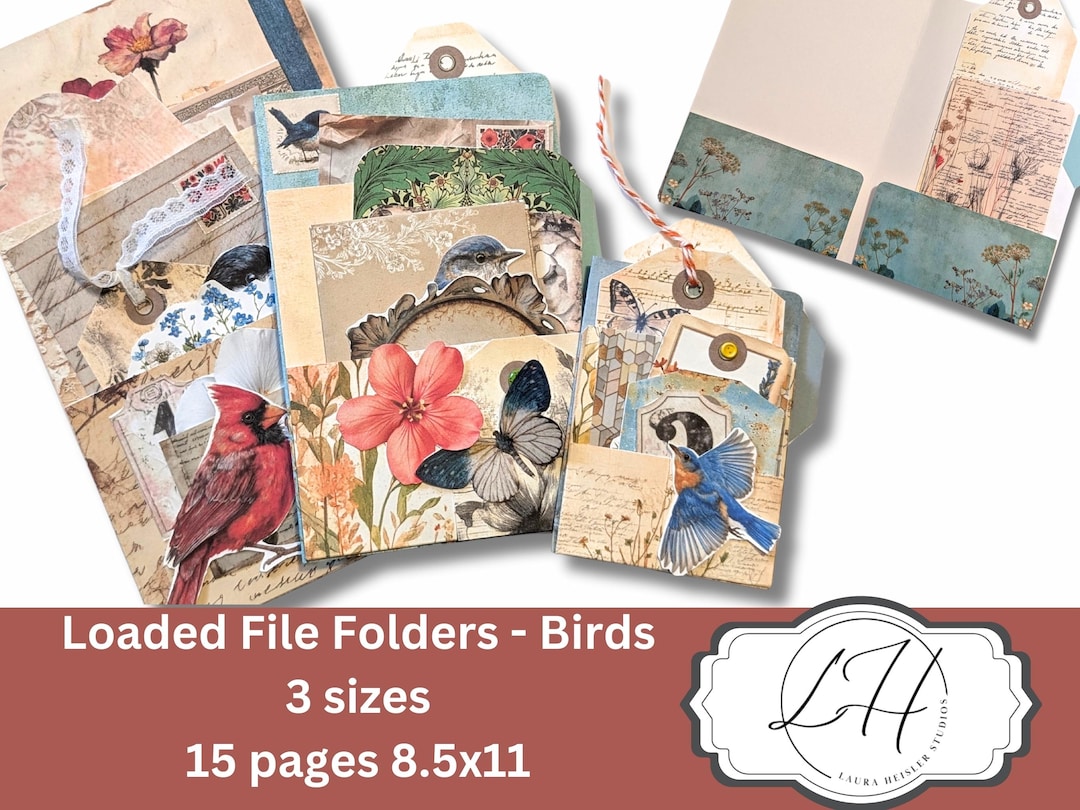 Birds Loaded File Folders Printable Ephemera Kit Birds Pocket Tags Junk ...
