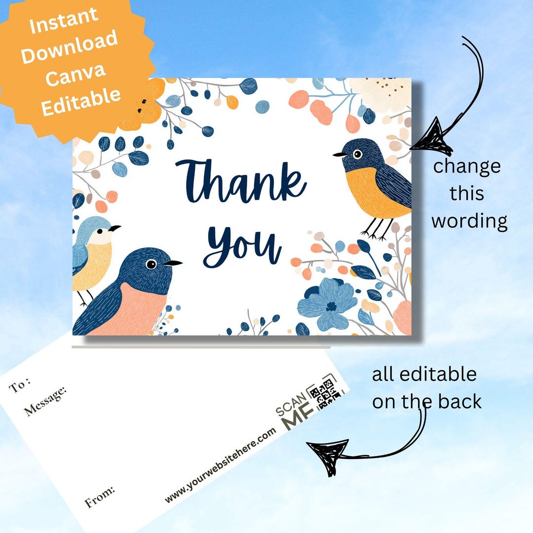 Birds and Flowers Thank You Note Cards Canva Template Instant Download ...