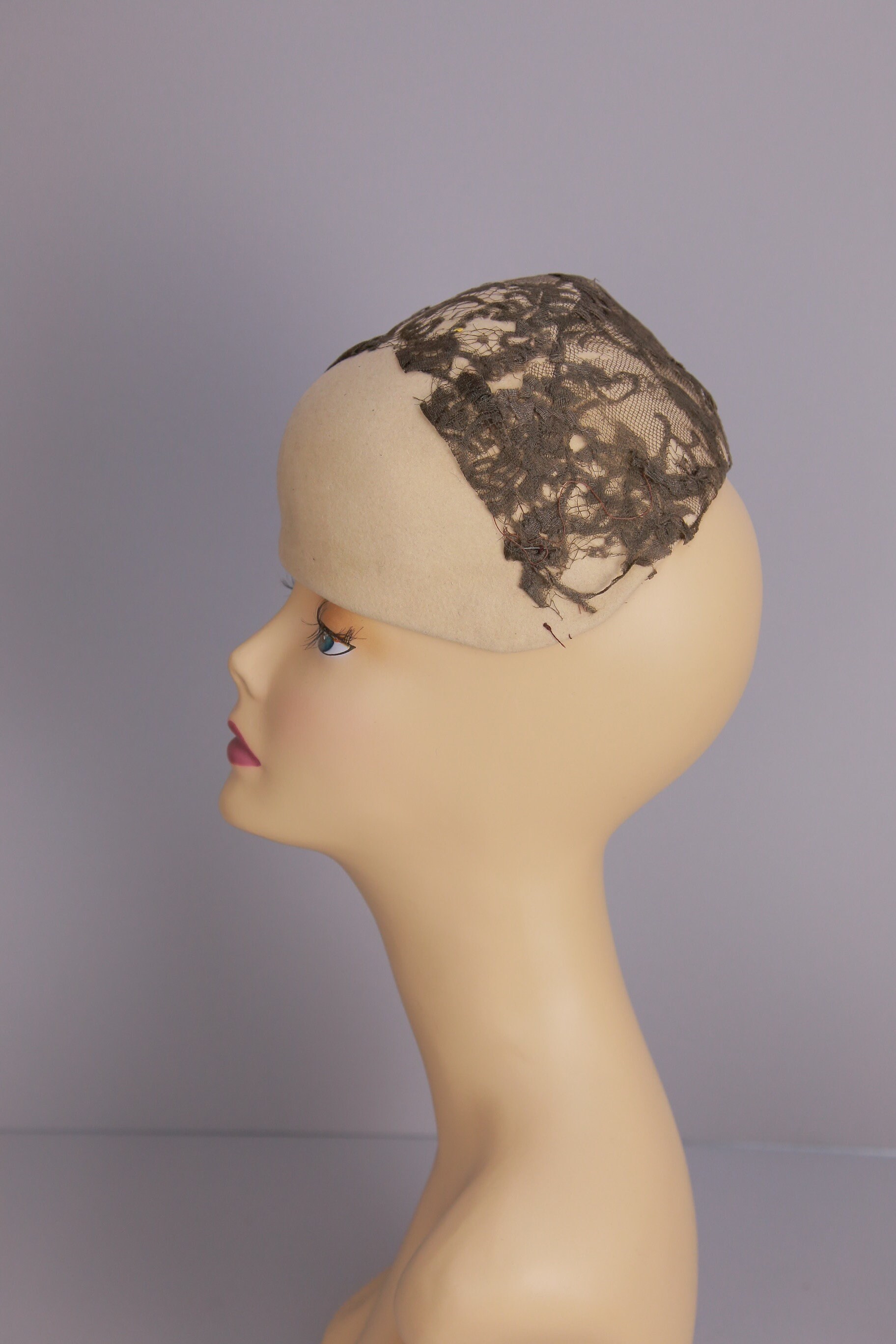 Vintage 40s Tilt Hat Skull Cap Beige With Lace - Etsy