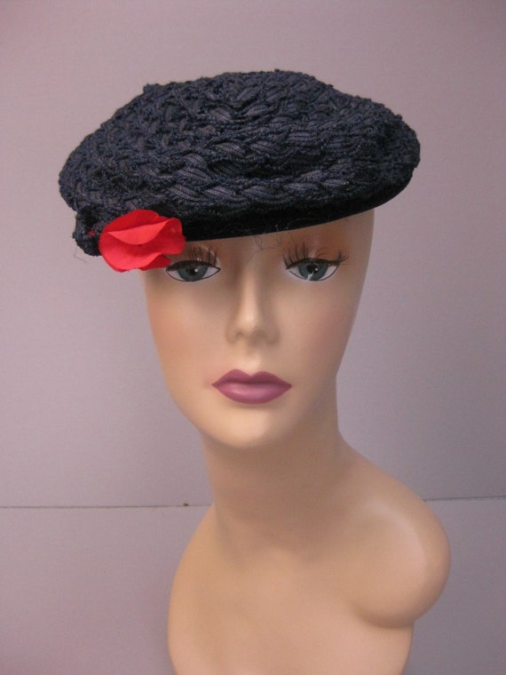 1940s Red Navy Straw Tilt Hat | Vintage 40s Brimmed … - Gem